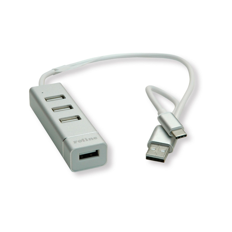 Roline Hub 4-porta USB2.0, USB Tip-A + USB-C kablovi, 0.3m